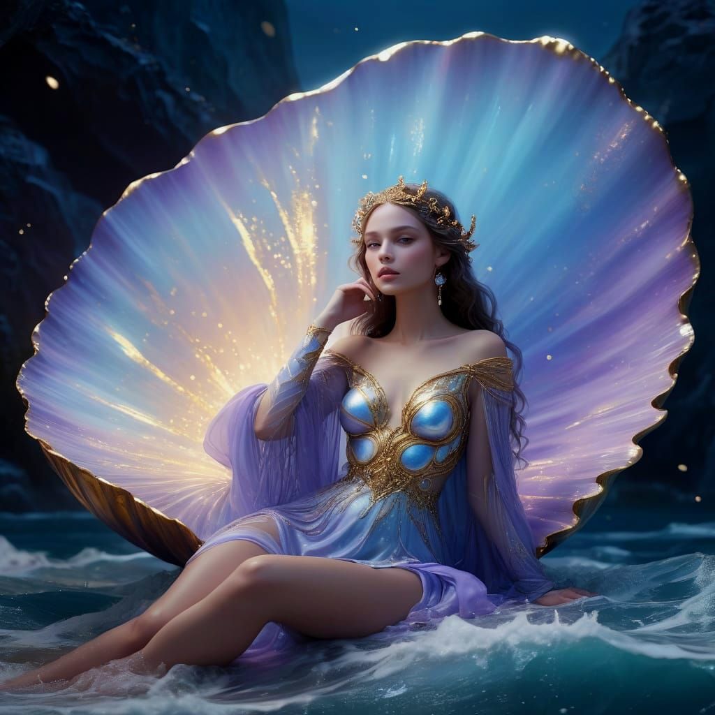 Aphrodite - Goddess in Luminous Pearls on Starry Night Sea S...
