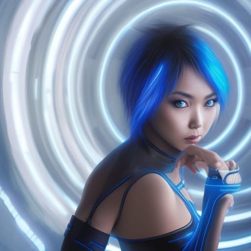 Realistic Tron Style Asian female with silver hair, deep blue anime ...