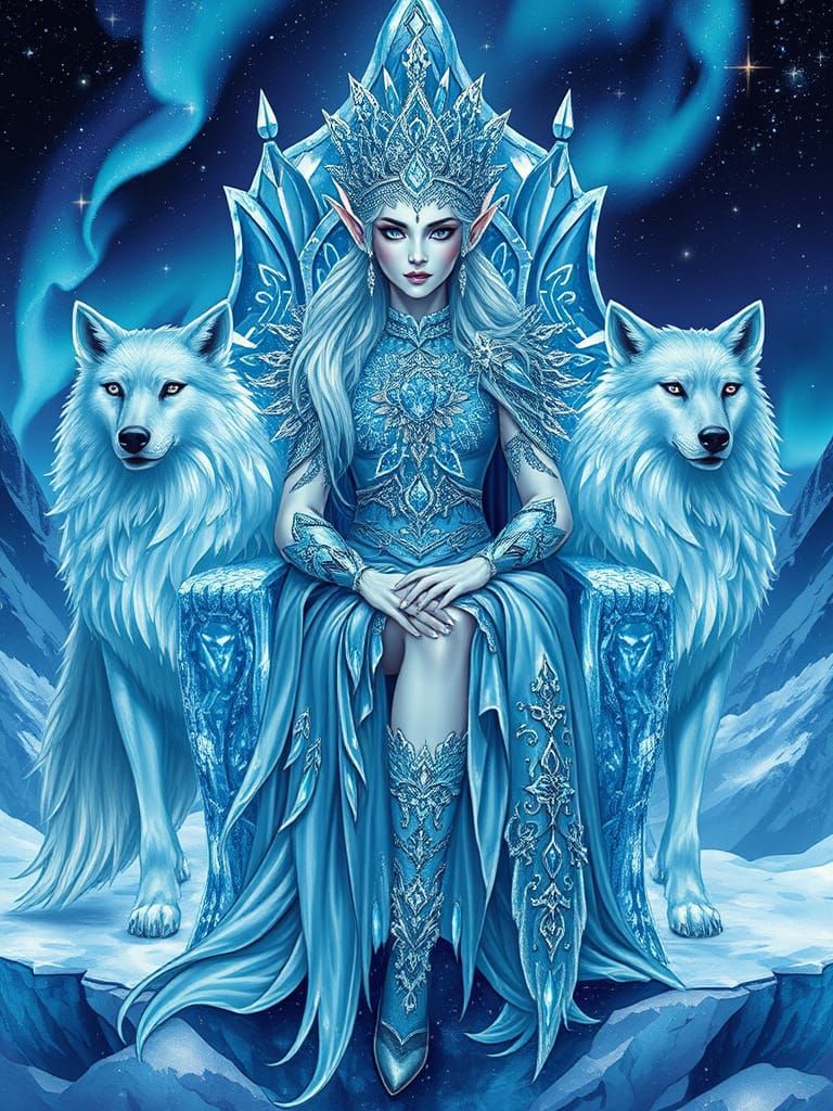 Ice queen elf with wolves guarding her