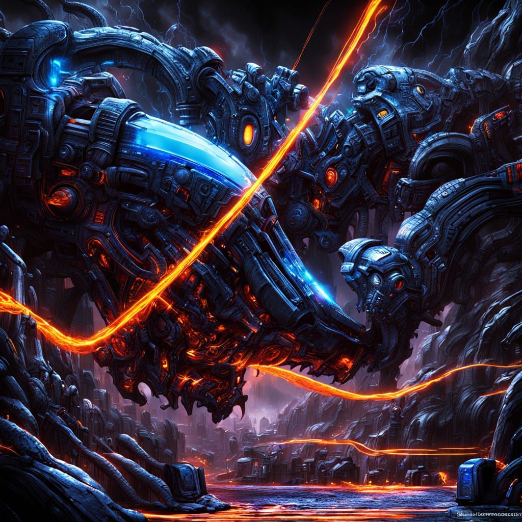 Biomechanical Boss Cat Confronts Tiny Mouse in Gri... - AI Art