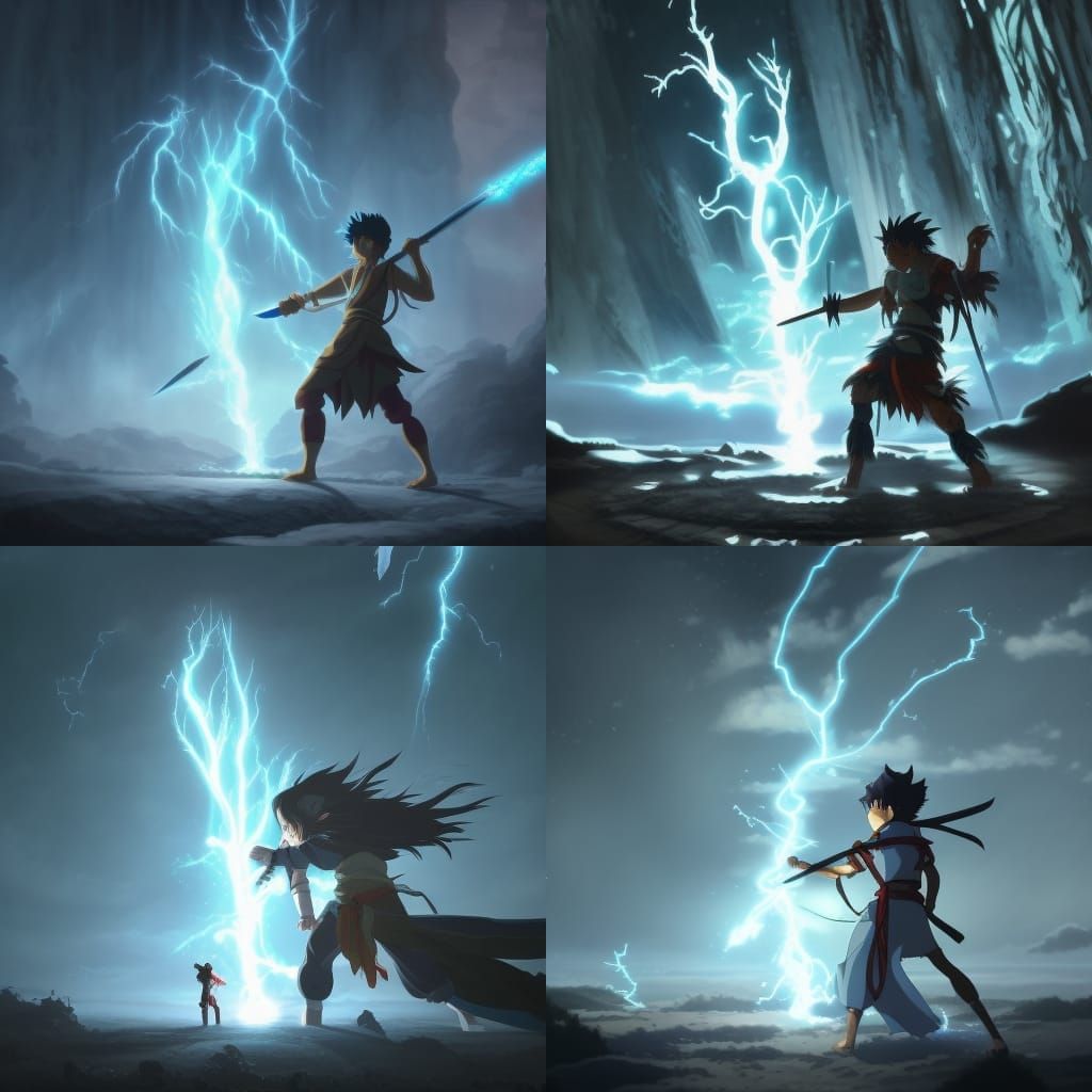 ice god with an ice sword fights a lightning god with a lightning sword ...