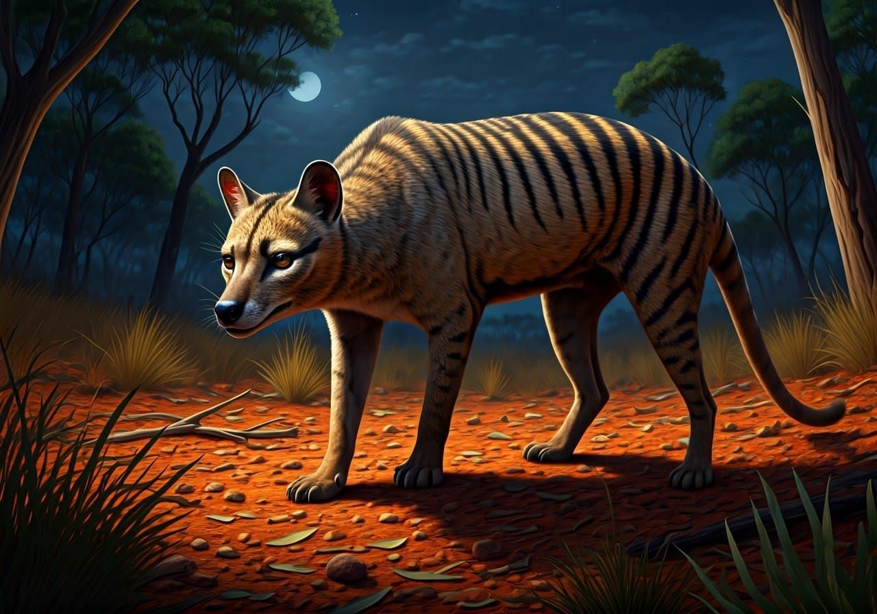 a thylacine hunting in the moonlight