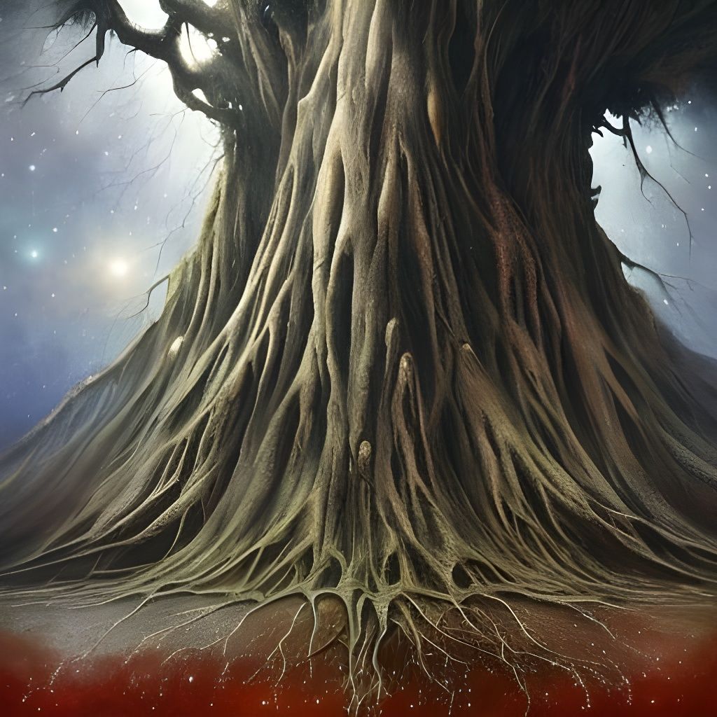 huge tree with big roots melting into the full of planets and stars ...