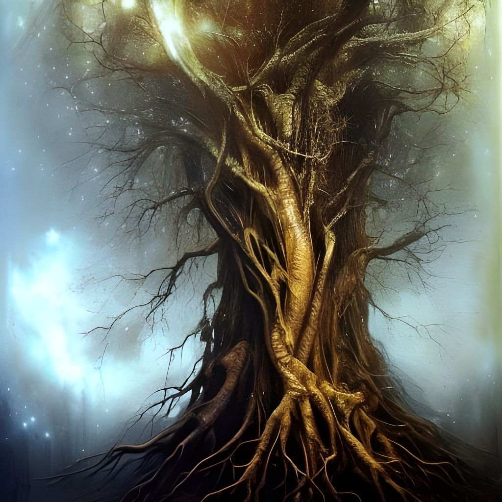 huge tree with big roots melting into the full of planets and stars ...