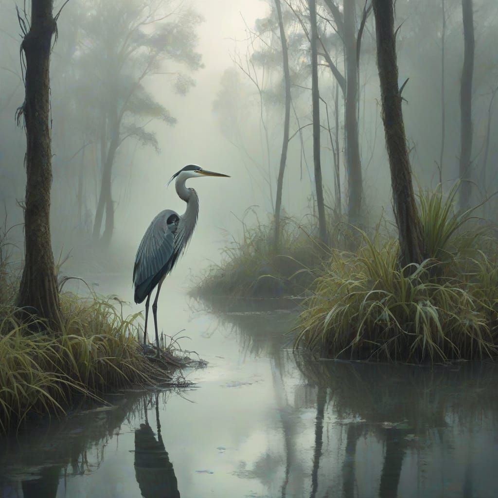 Ethereal Swamp Scene in Watercolor-Inspired Digita... - AI Art