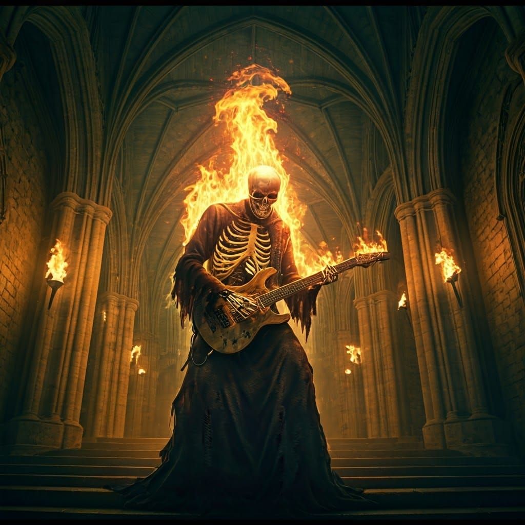 Ethereal Skeleton in Flames, Shredding on a Blazin... - AI Art
