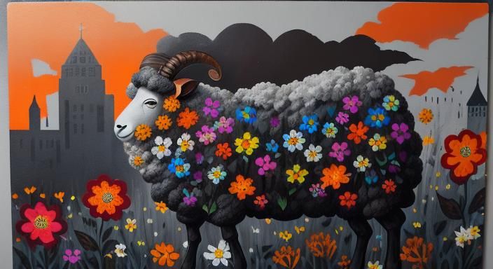 Beautiful flower meadow sheep surreal grey orange dark brown graffiti ...