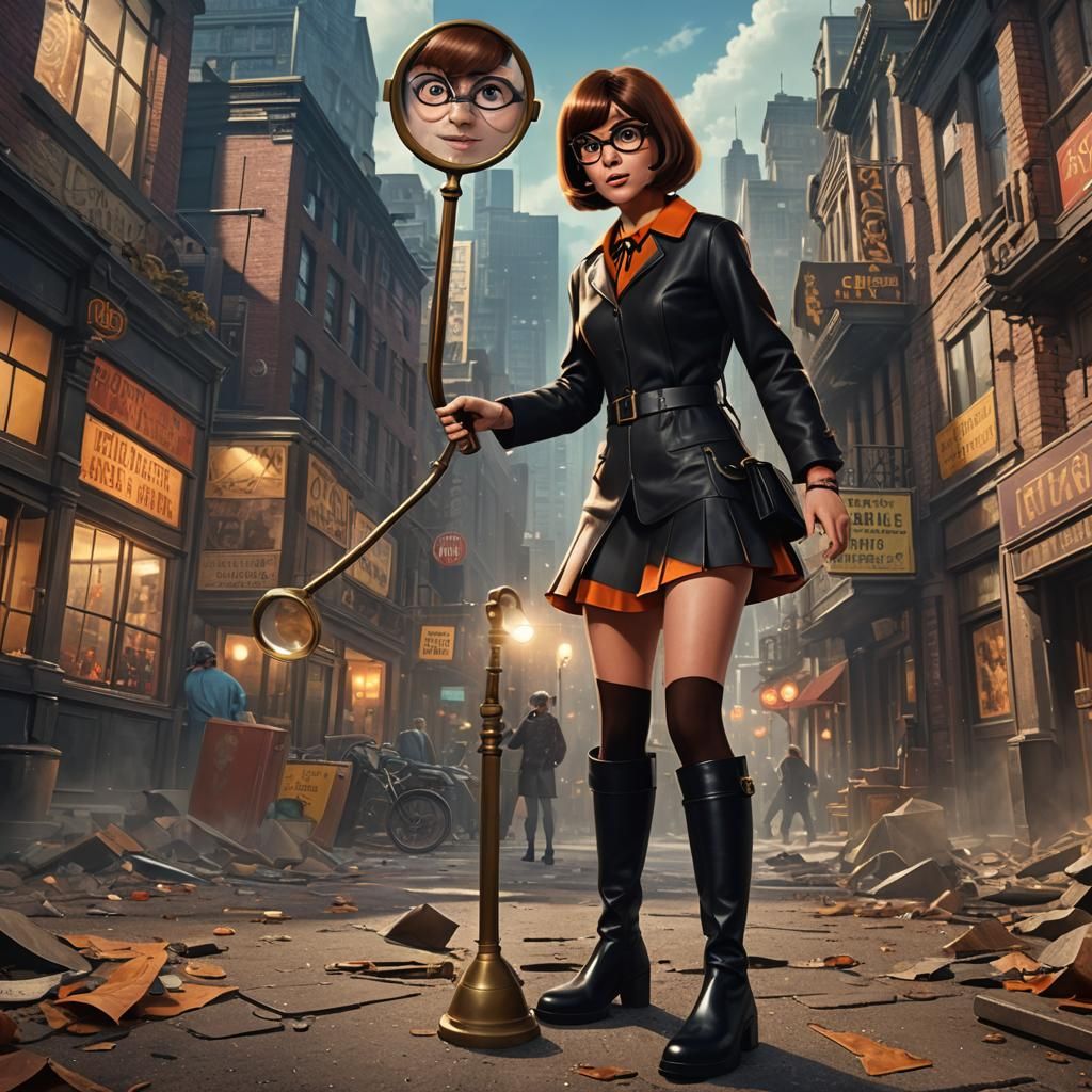 Velma Dinkley wearing a very short skirt and black knee boots ...