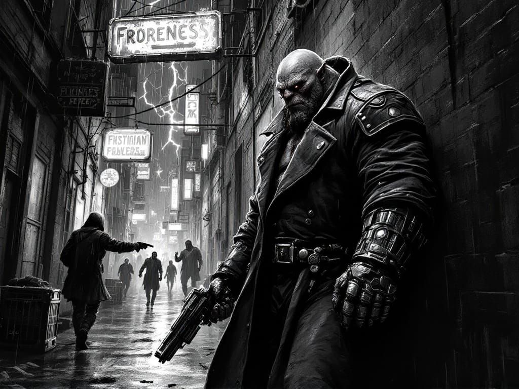 Urban Orc 250312A - Orc Cop in Rain-Soaked Cyberpunk Alley