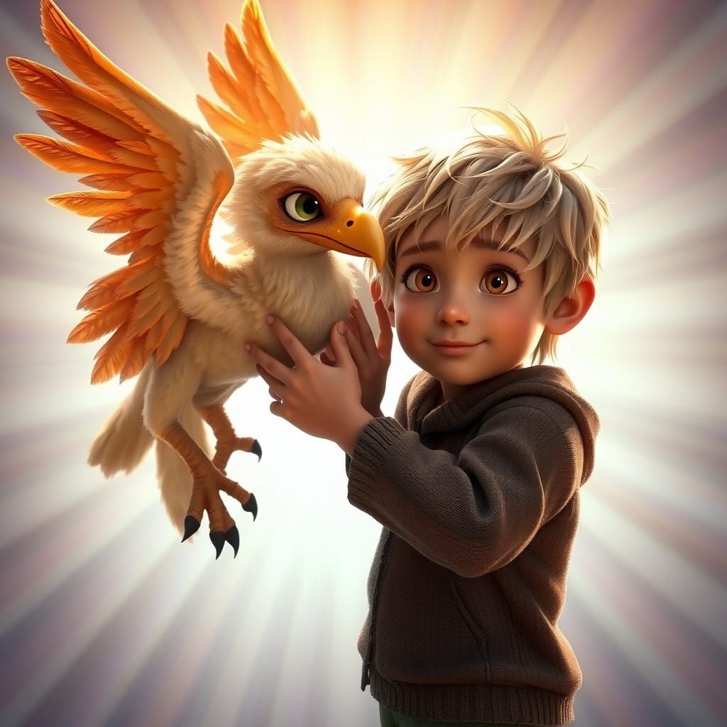 Young Boy Trains Majestic Baby Griffin in Vibrant,... - AI Art