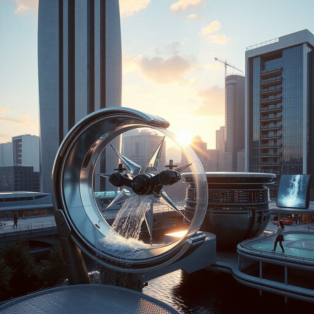 a high-tech waterwheel integrated into a sleek, futuristic city