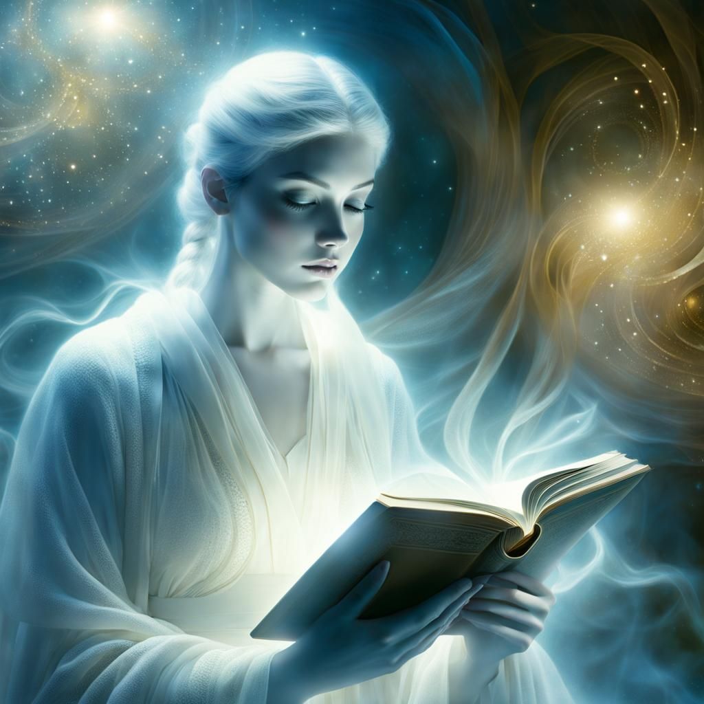image of a young spirit woman, ethereal and translucent, deeply ...