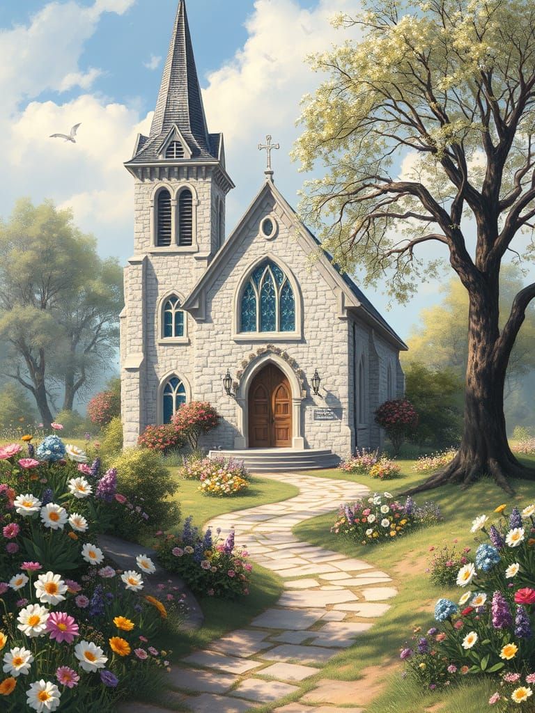 A French white stone country church adorned with detailed stained-glass ...