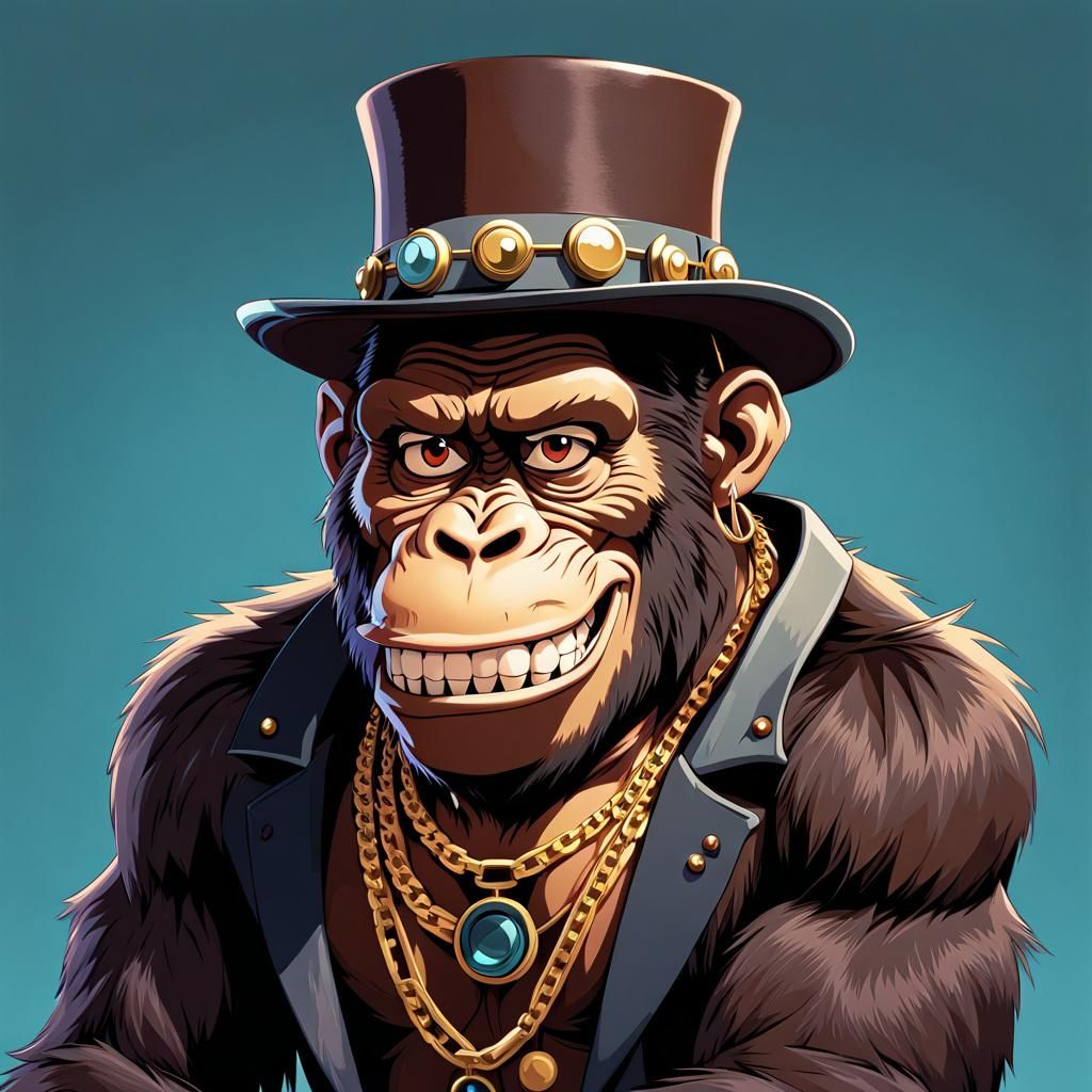 Painted ape, cylinder hat, brown skin, earrings, chains around neck ...