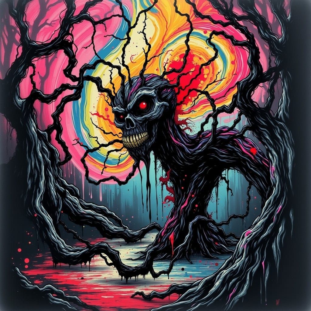 twisted rainbows, abstract face, gnarled trees undercurrent