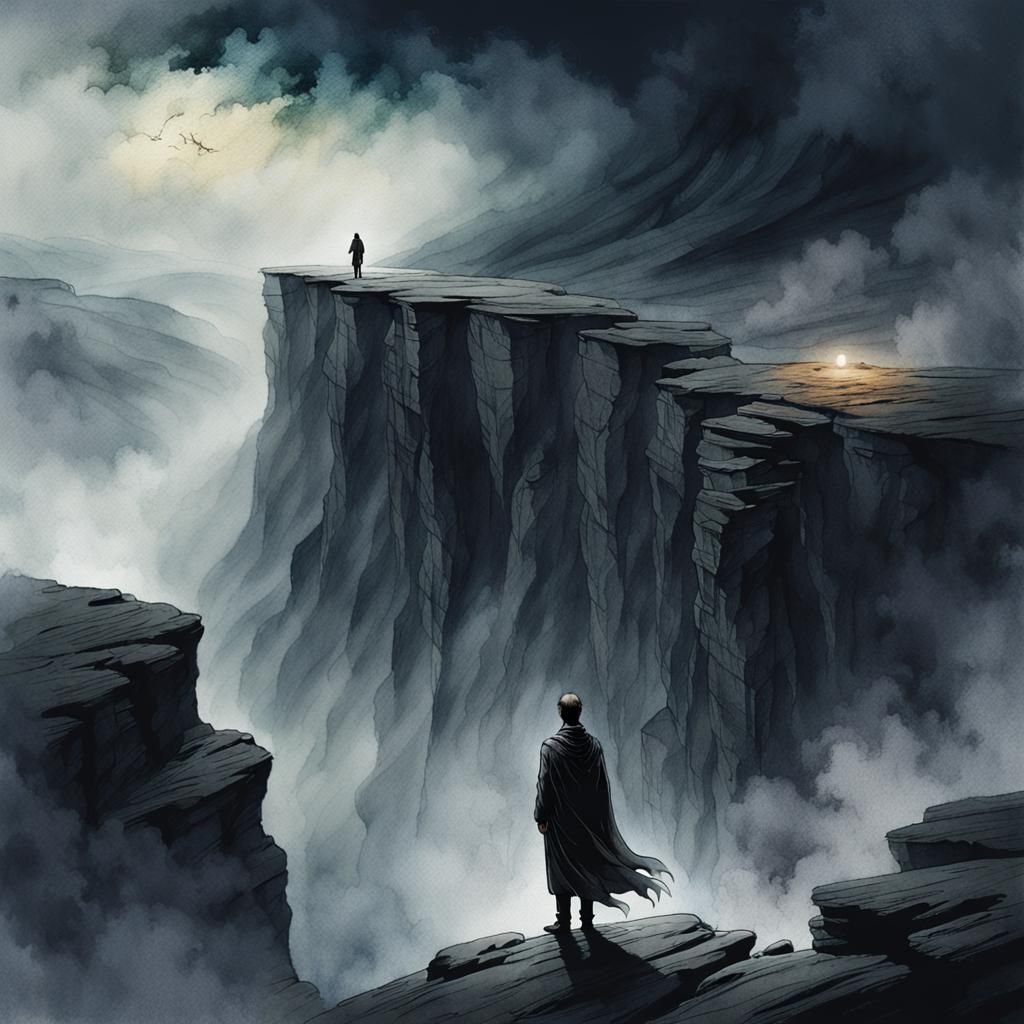 Digital Illustration of {a solitary figure standing on a desolate cliff ...