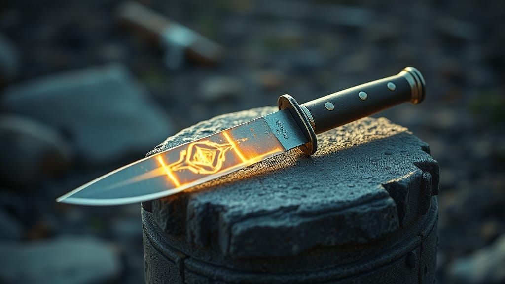 Glowing Military Dagger on Weathered Stone Plinth - AI Art