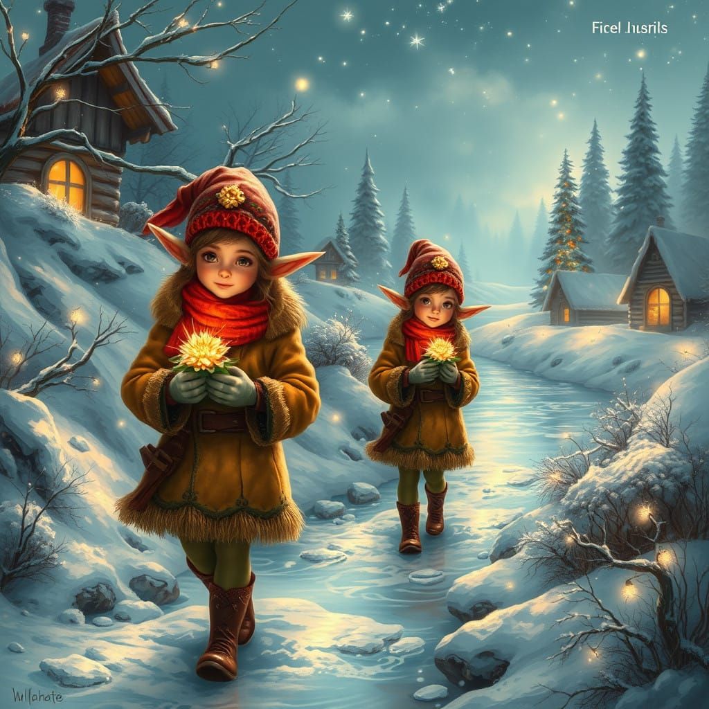 Elves walking in a winter wonderland