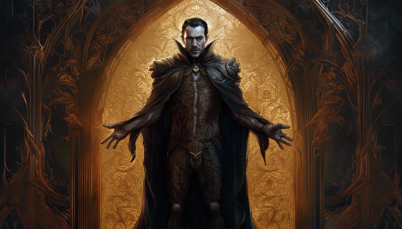 full body (Dracula) , golden outlines, highly detailed, intricate ...
