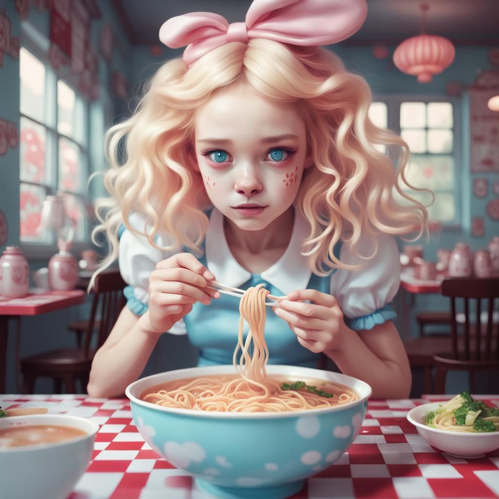 A Wonderland Alice Eating Ramen Noodles - AI Generated Artwork ...