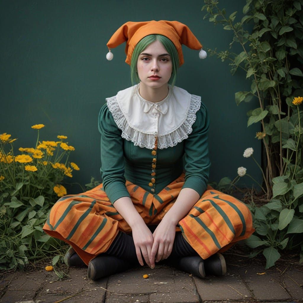 Elegant Victorian Jester in Muted Green - AI Art
