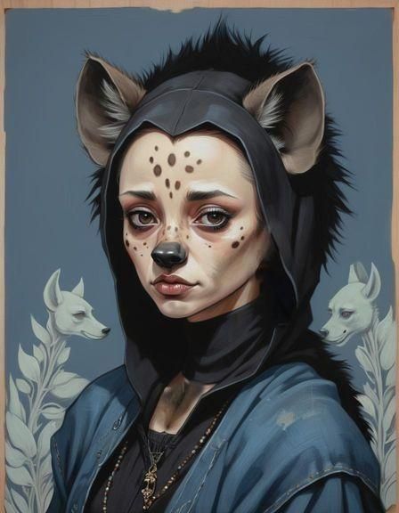 Portrait Nun FURRY HYENA, DENIM, mysterious art nouveau stylized grunge ...