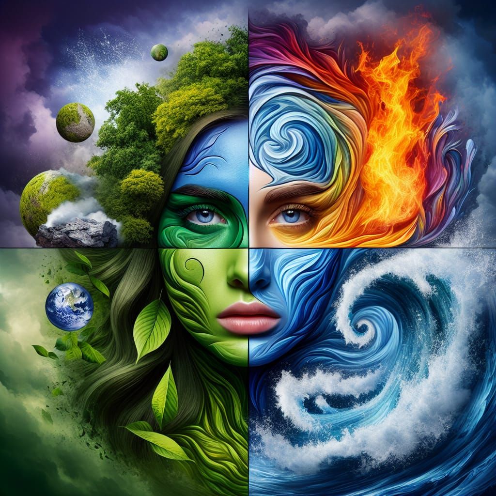 Form of a woman whose face is divided into 4 sections representing four ...