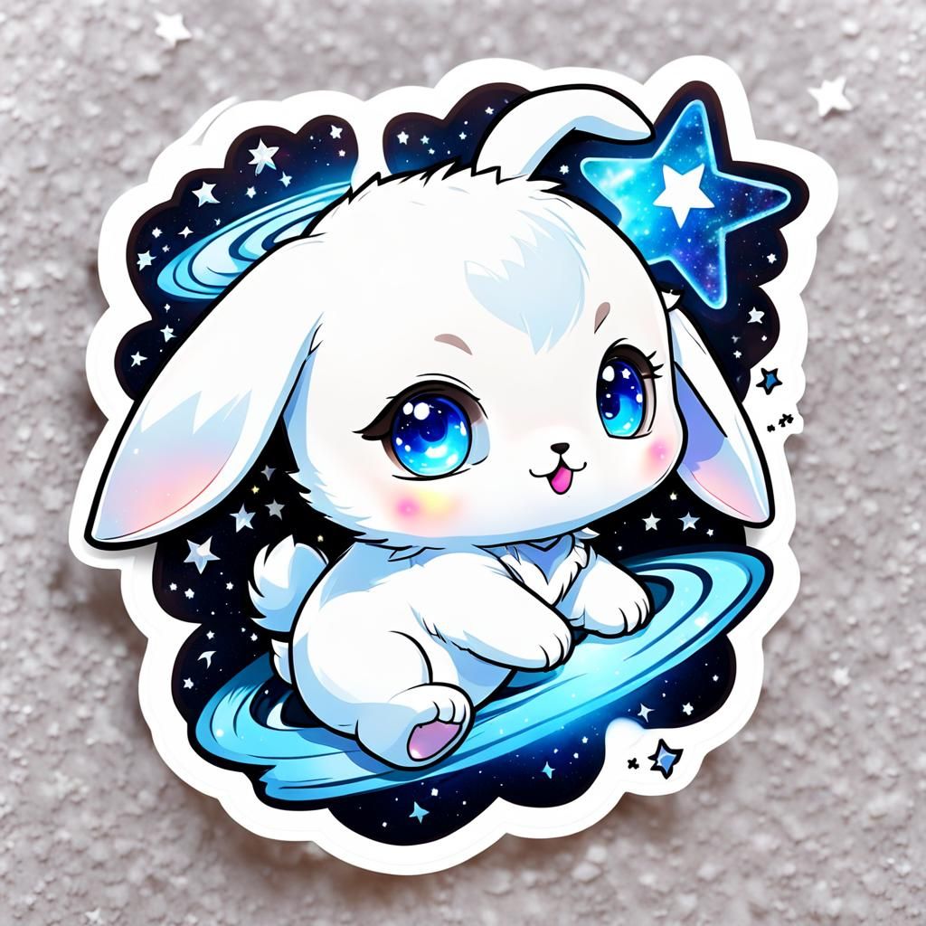 adorable baby white chibi rabbit with big galaxy starry blue eyes ...