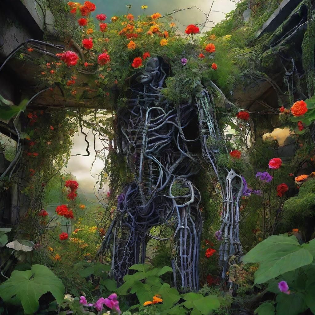 H. R. Giger style half-plant half-human creature covered in vines ...