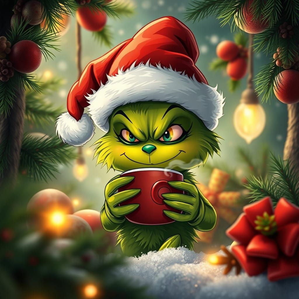 Whimsical Chibi Grinch in Winter Wonderland - AI Art