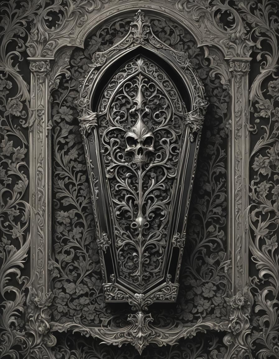 gothic all-black damask silver coffin open casket victorian dead funeral art - AI Generated ...