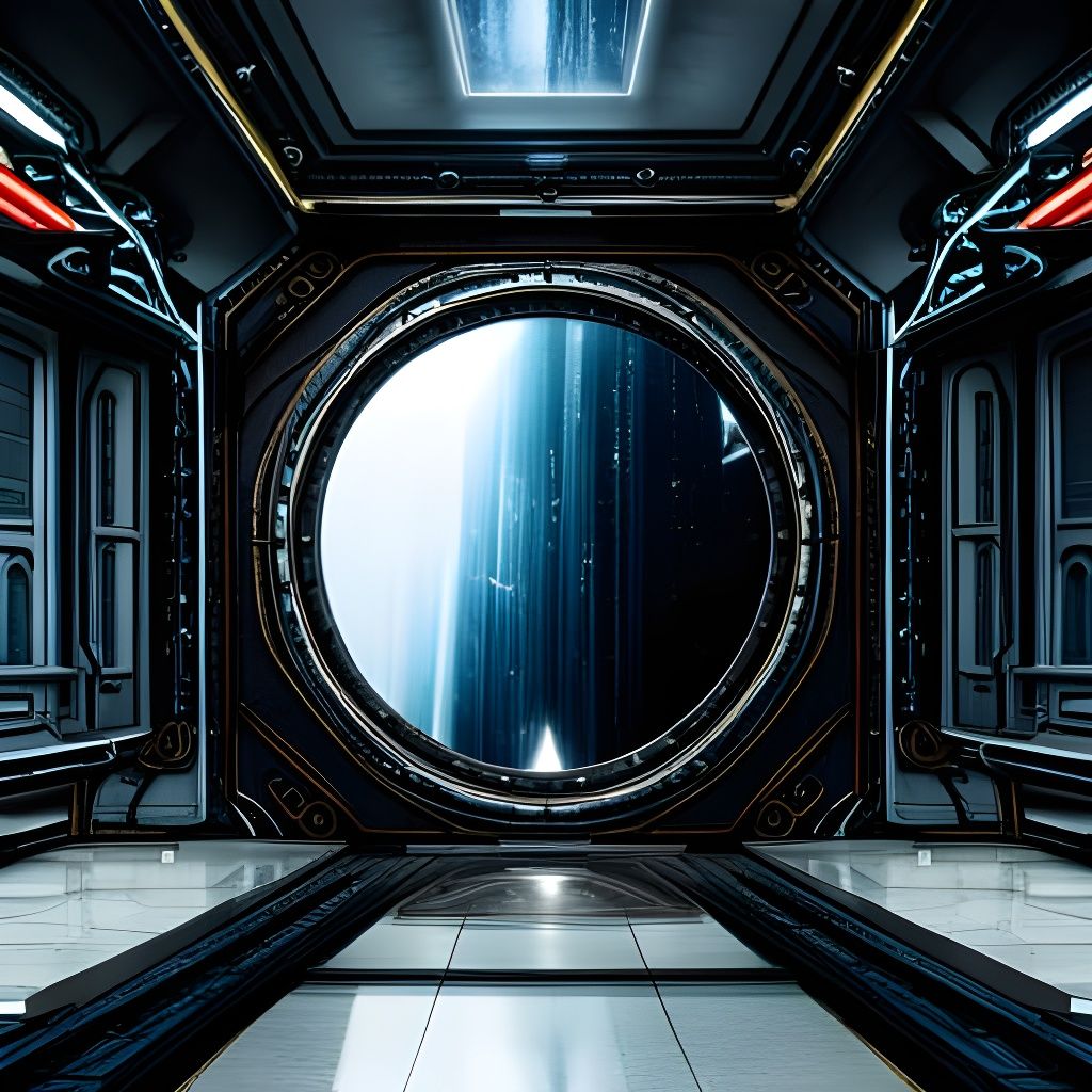 Magnificent magical mirror on the wall in a space station reflecting ...