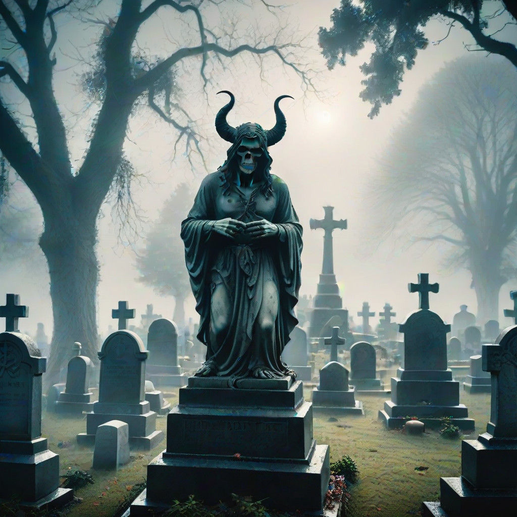Surreal Demon Emerges from Haunted Cemetery Fog - AI Art