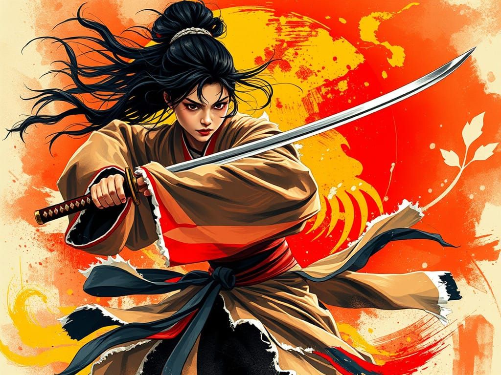 Fierce Warrior Geisha in Dynamic Fighting Stance - AI Art