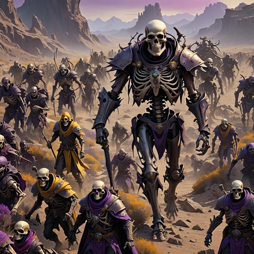 Mad necromancer and his skeletal army marching through a Desolate ...