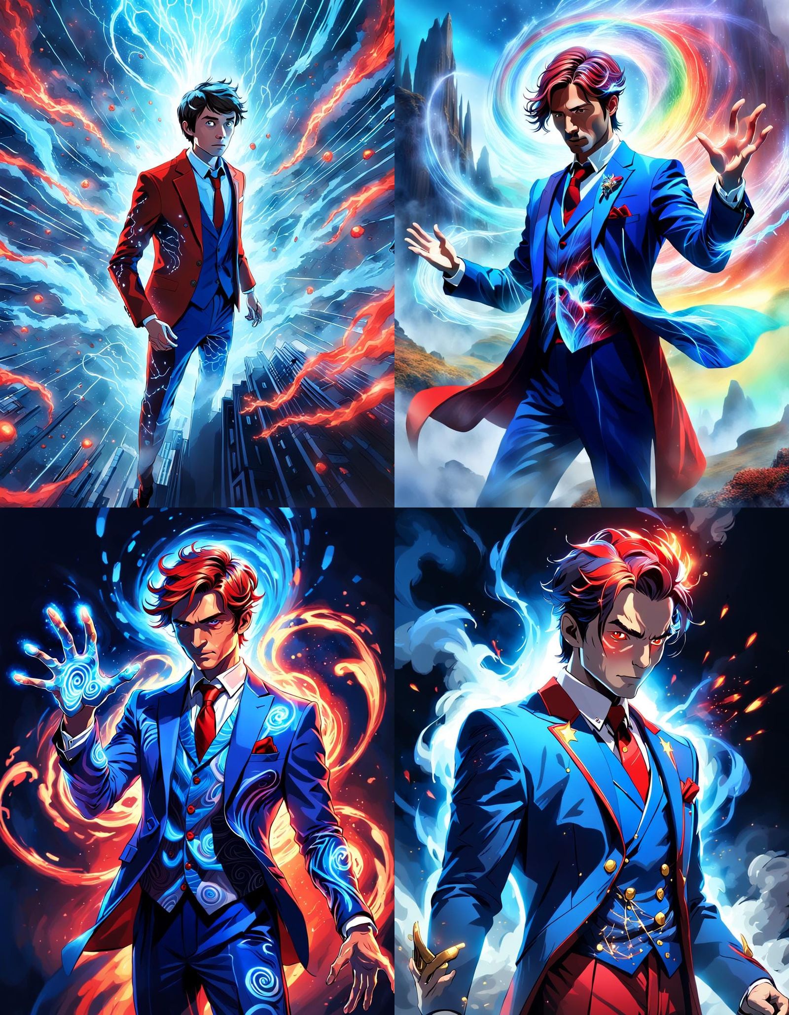 Wizard in Vibrant Blue and Red Attire Wields Magic... - AI Art