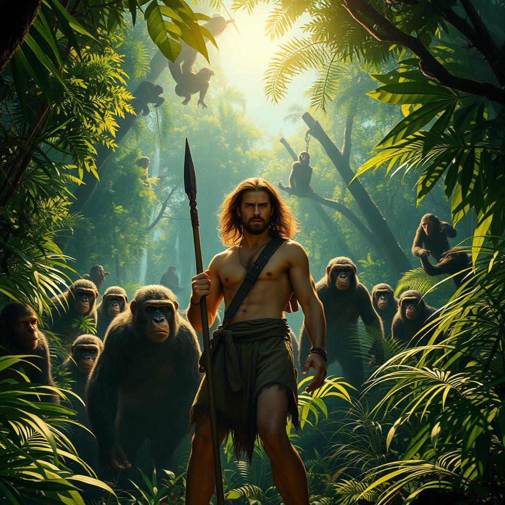 Anthropomorphism in a jungle with Tarzan and the apes. Tarzan is under ...