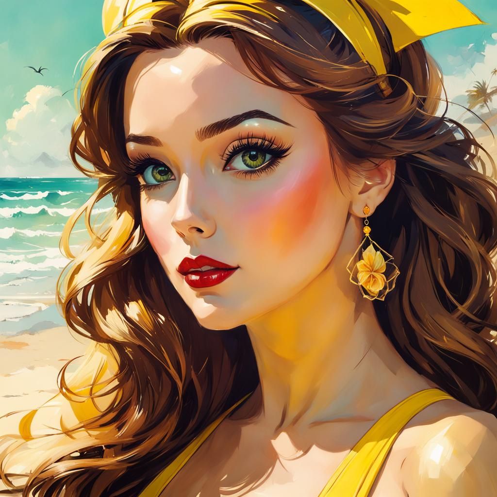 Portrait of gorgeous princess Belle in a yellow swimsuit at the beach ...