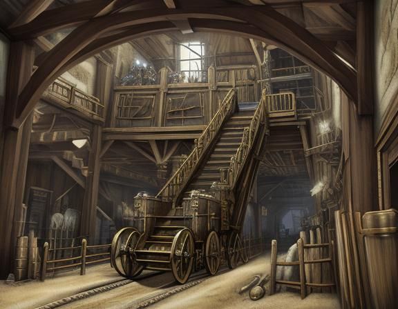 steampunk contraption at the entrance of a mine to pull mine carts up ...