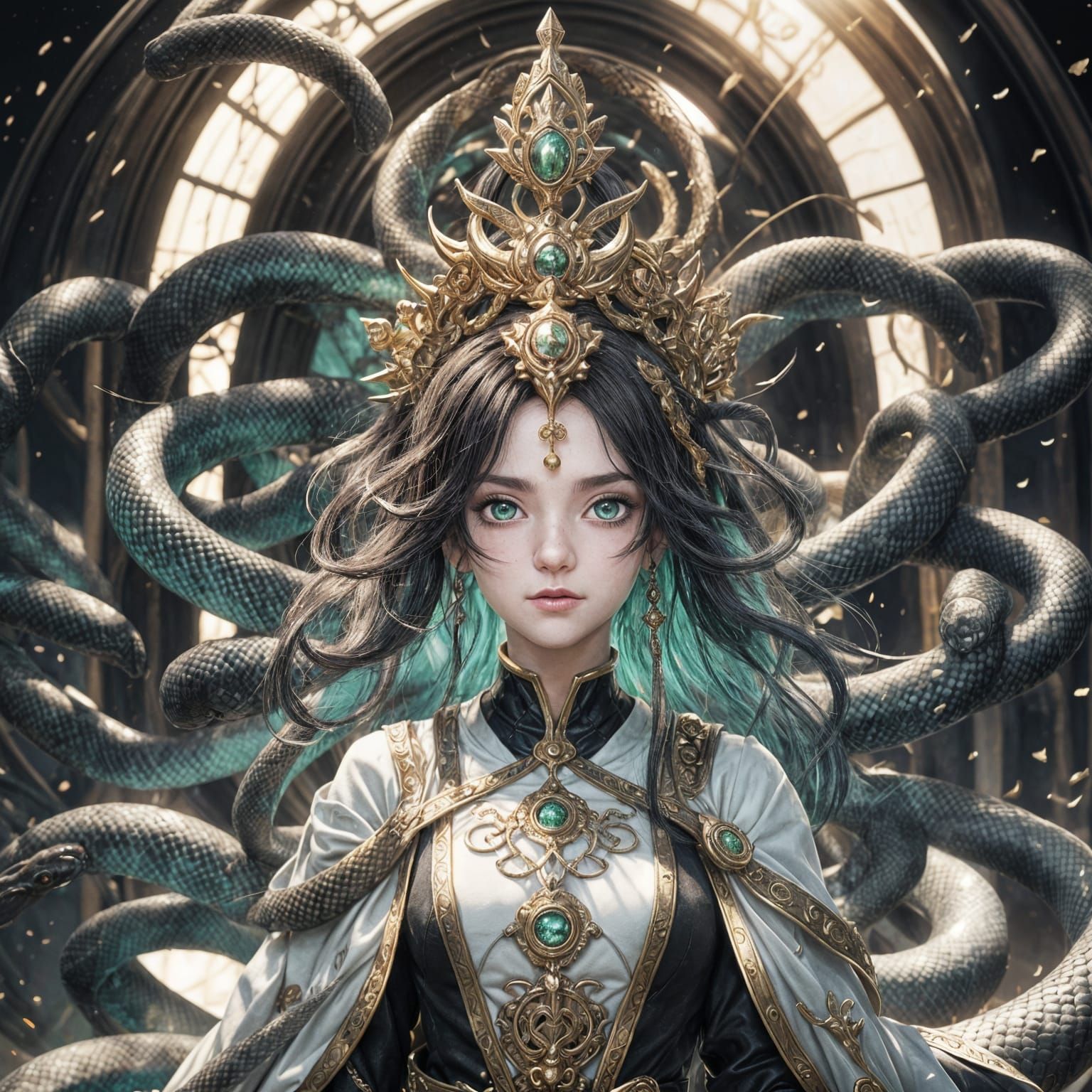 Mysterious Anime Princess with Green Eyes and Snak... - AI Art