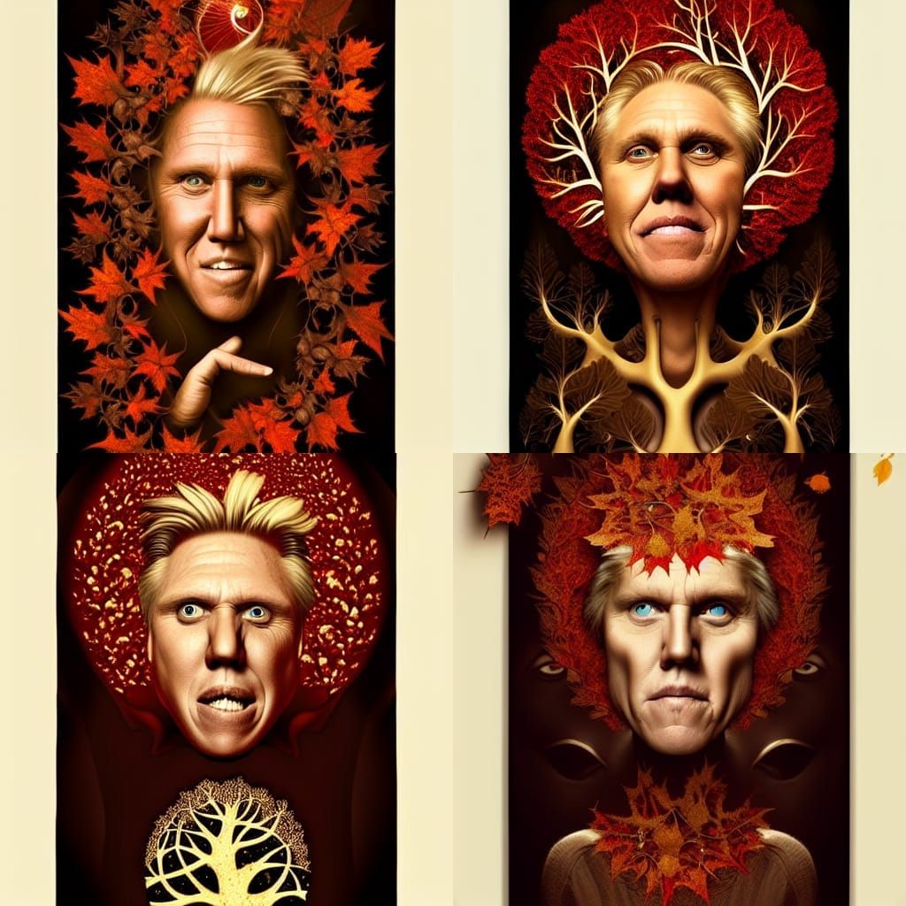 Gary Busey's face in an oak tree with gold red leaves and acorns, Naoto ...
