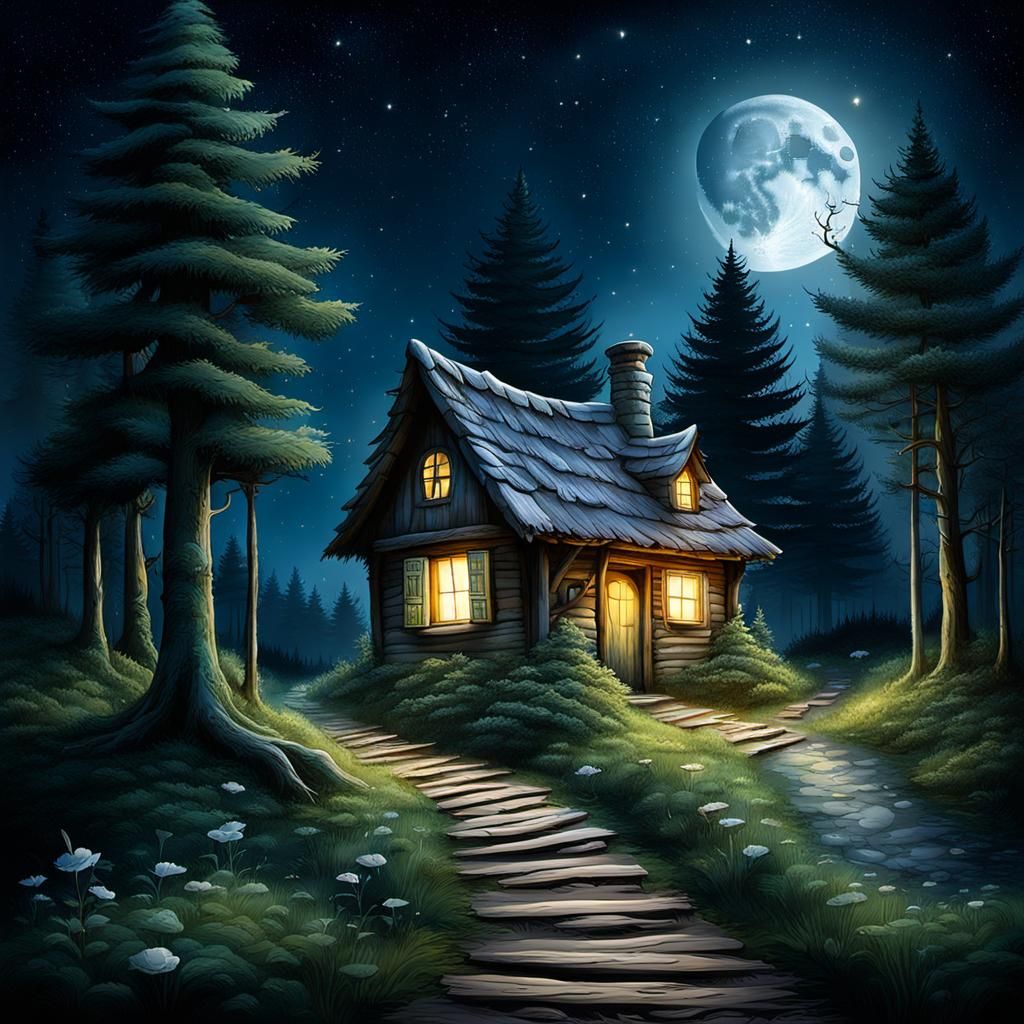 Night scene, forest, pathway leading to a pagan cottage, stars, moon ...