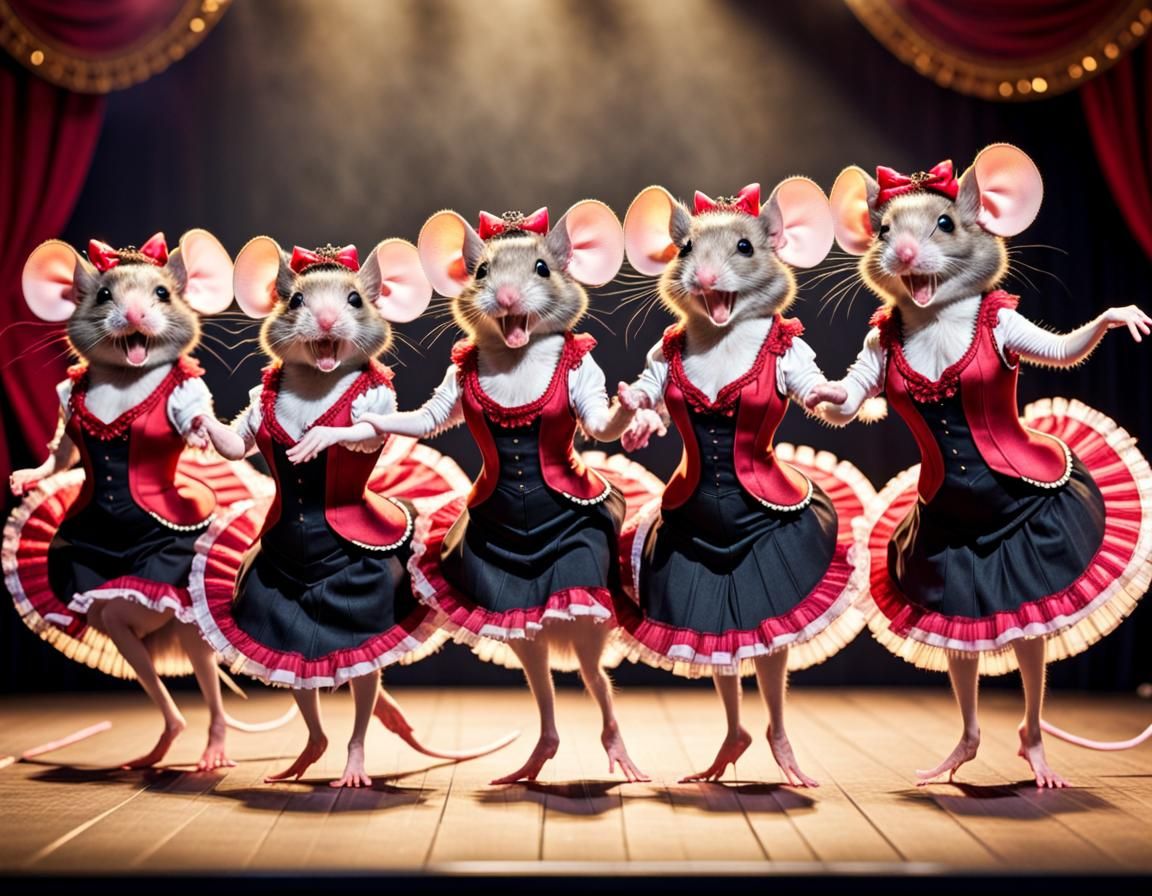 A row of female mice, doing the can-can dance on stage, glitzy ...