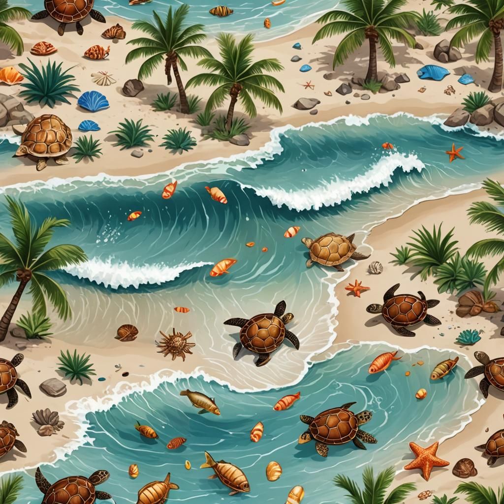 Sea with large waves, turtles, fish, shells and Palm Trees - AI ...