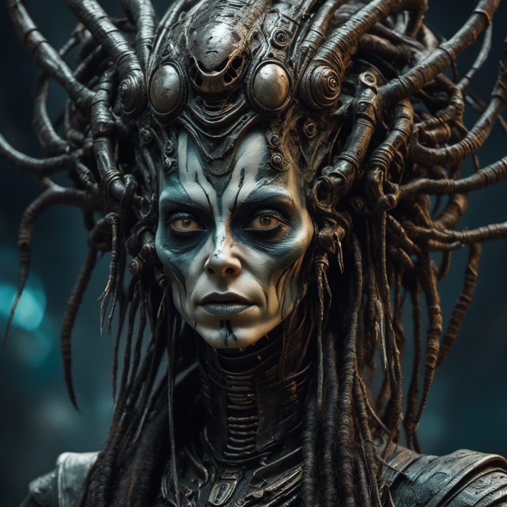 (dystopian sci-fi:1.5) fantasy (spooky alien woman hidden in shadowsr1.3) , portrait by Tim ...