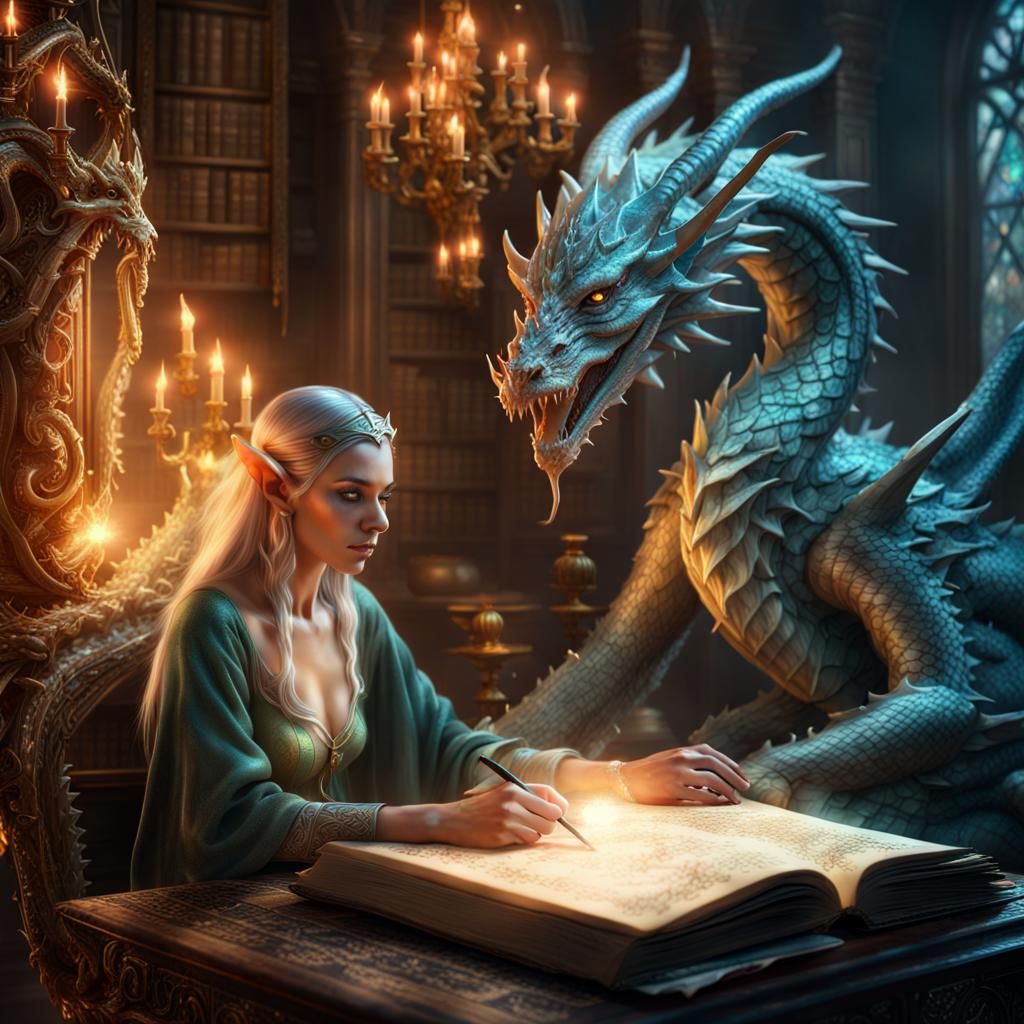 An elf woman sits scribing in a heavy tome, a sparkling translucent ...