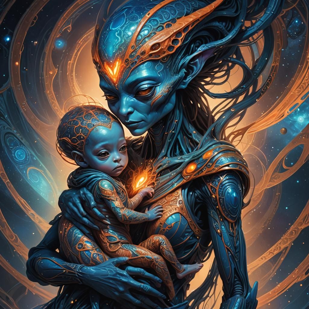 Ethereal Andromedan Mother and Child in Fantasy Di... - AI Art