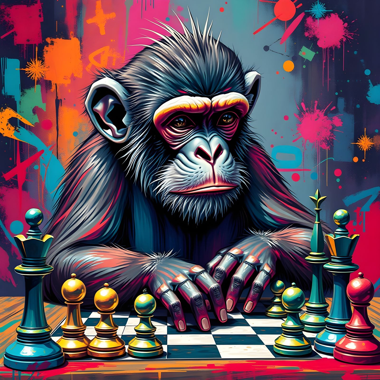 Monkey Chess - Vibrant Monkey Chess Graffiti in High Contras...