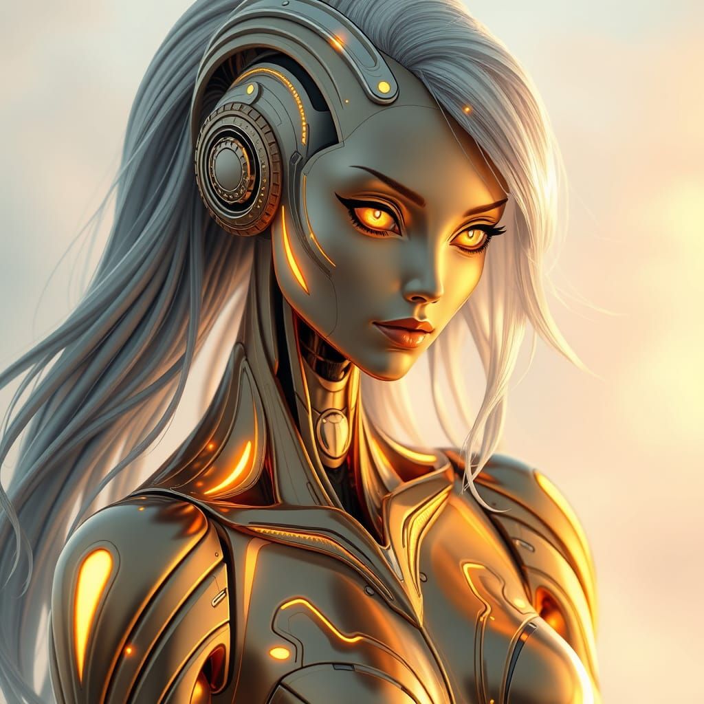 A captivating, alien-like female robot with a stunning, sleek metallic ...