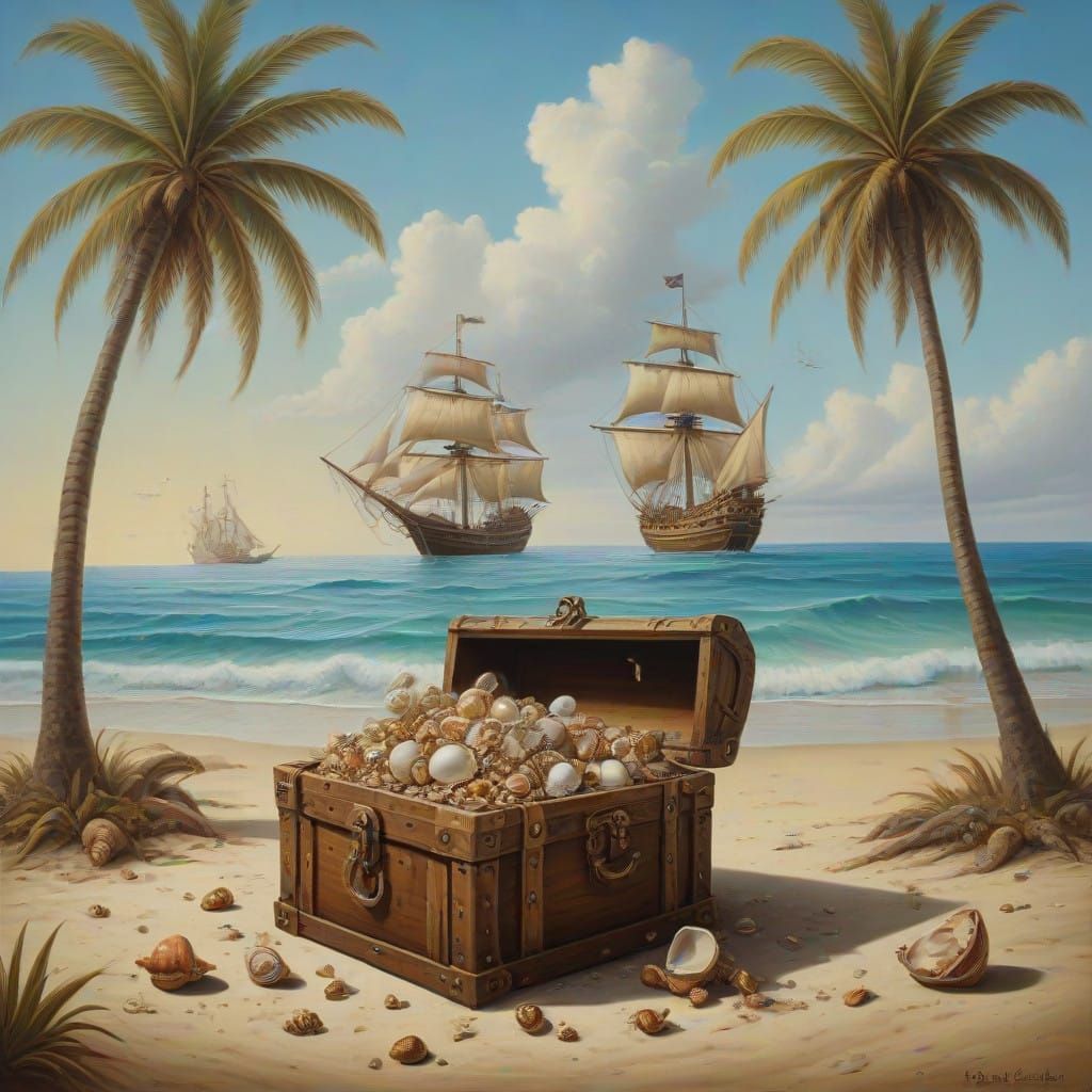 on the beach there is a treasure chest, an open shell with a pearl ...